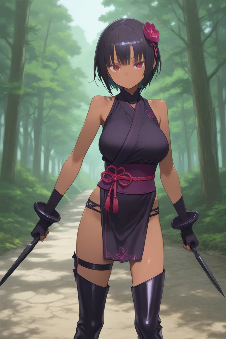 one young woman、Kunoichi pose 、Kuroboshi,Isekai fantasy style thief ...