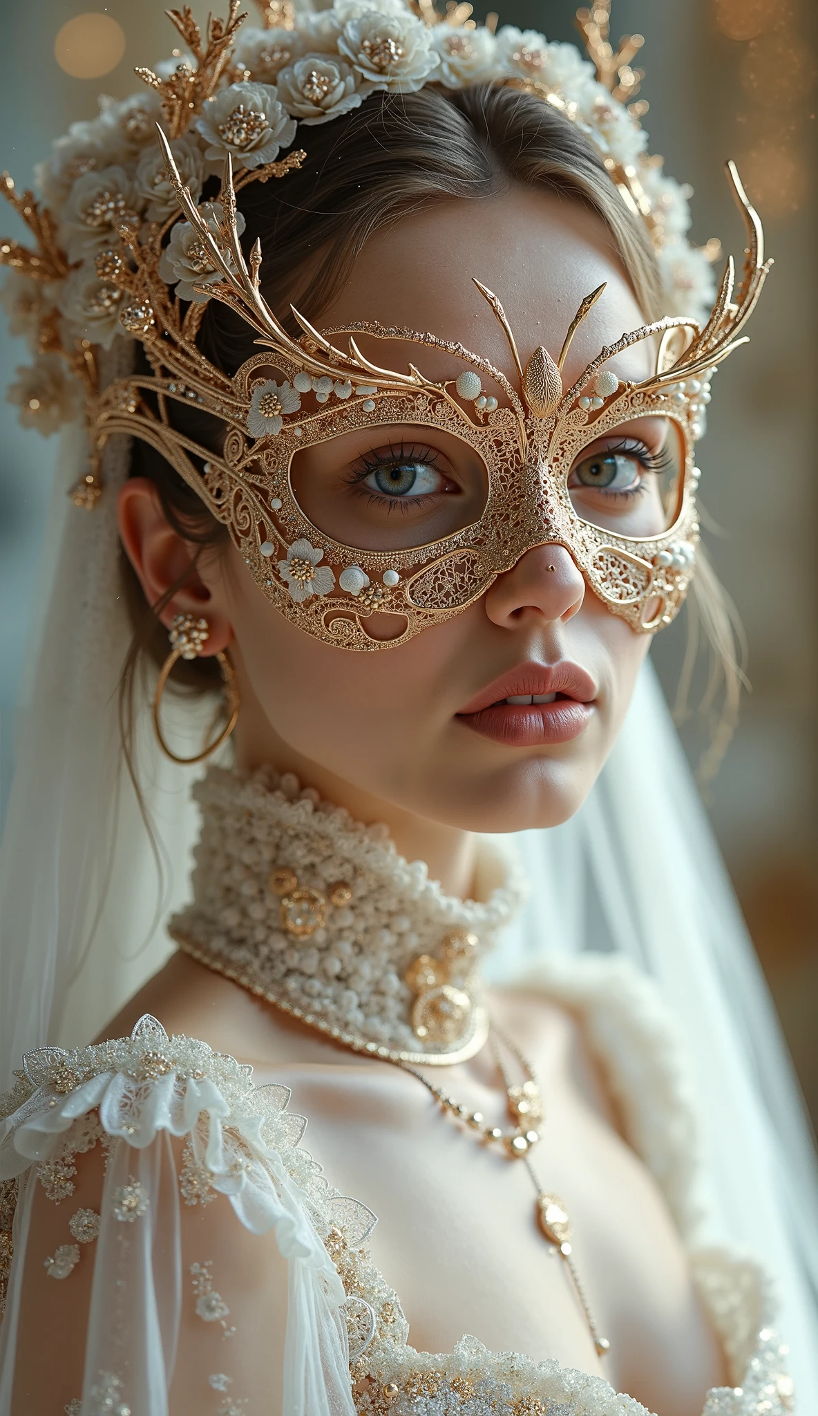 Arafed woman wearing a mask and veil with pearls and pearls - SeaArt AI