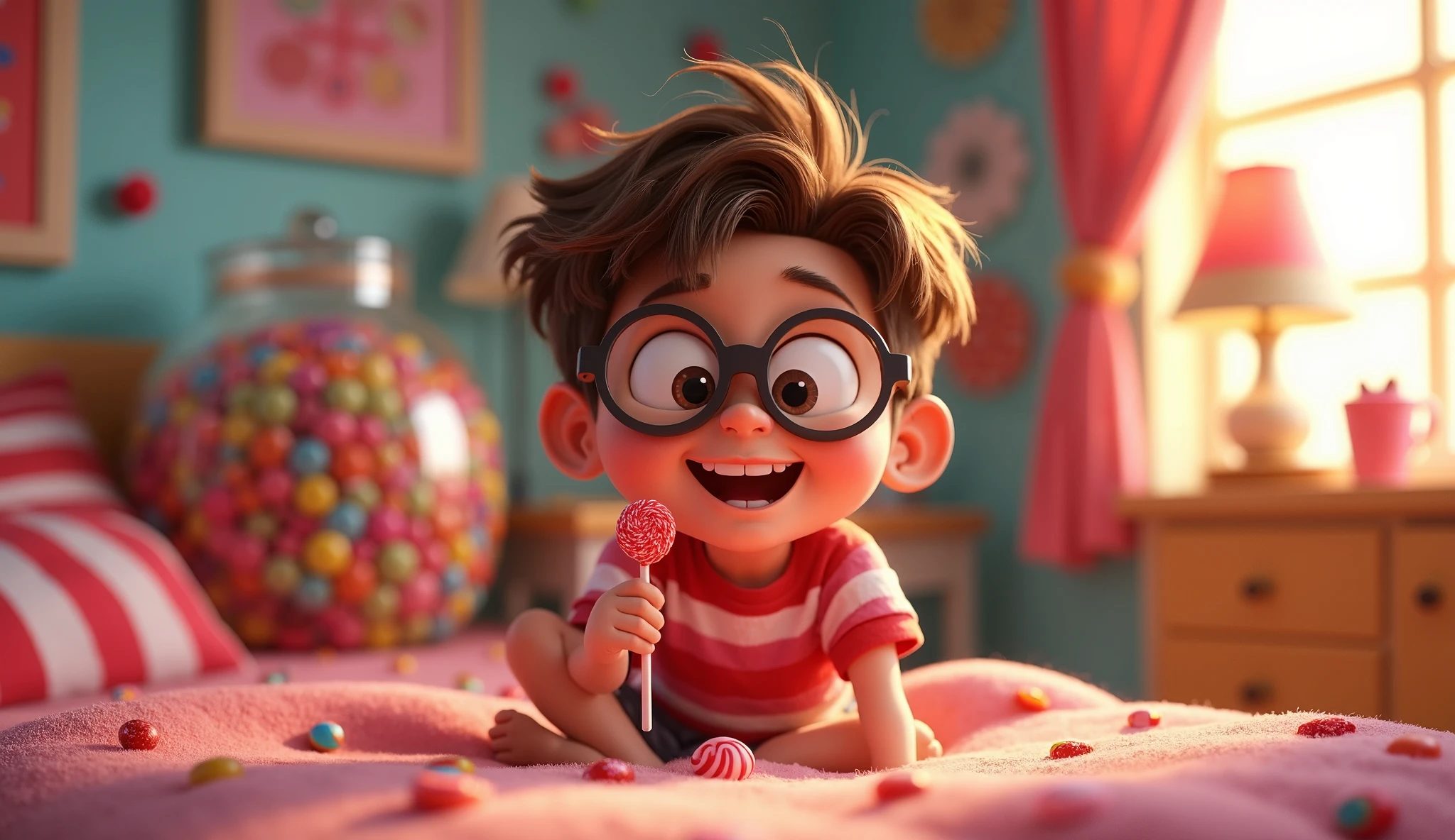 Cartoon boy with glasses and a lollipop in a bedroom - SeaArt AI