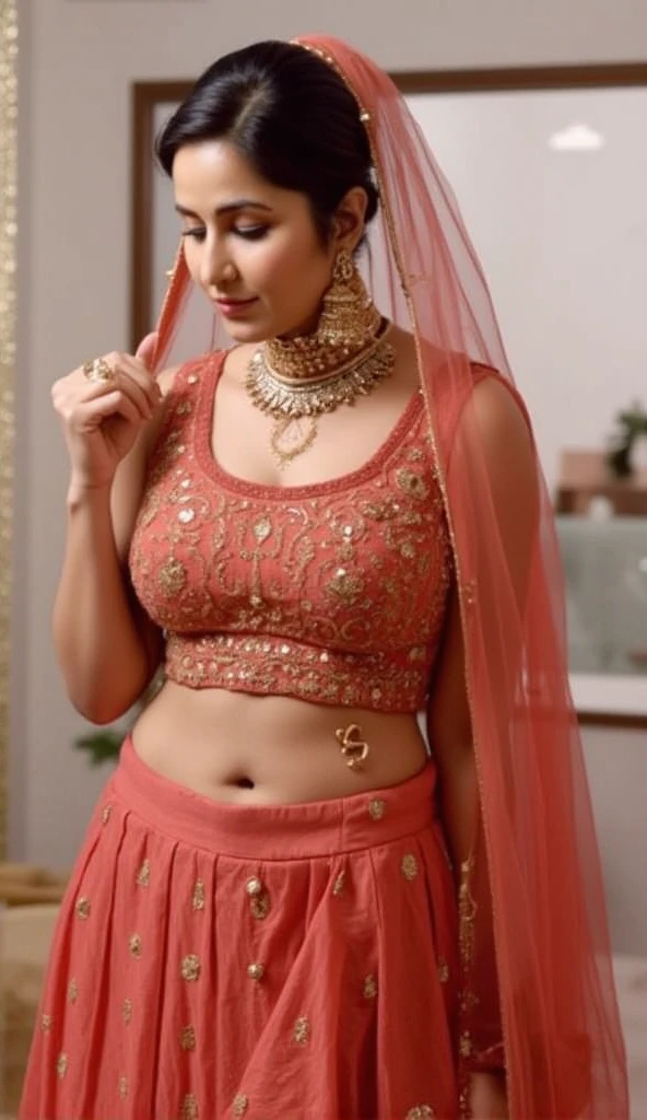 Her lehenga, with its voluminous skirt, flows elegantly around her - SeaArt AI