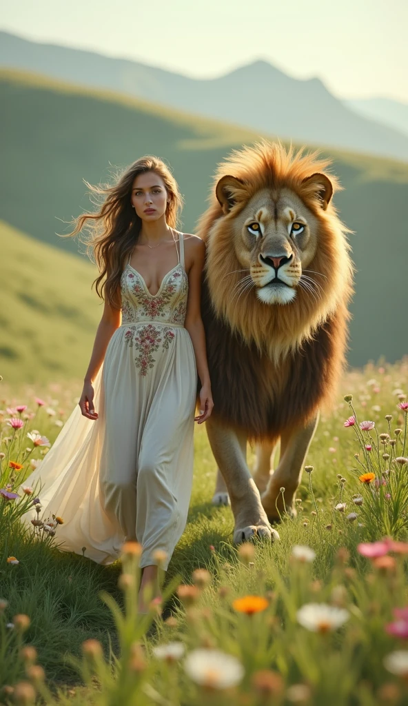 Oq libosda kelin va sher yurib kelmoqda - SeaArt AI