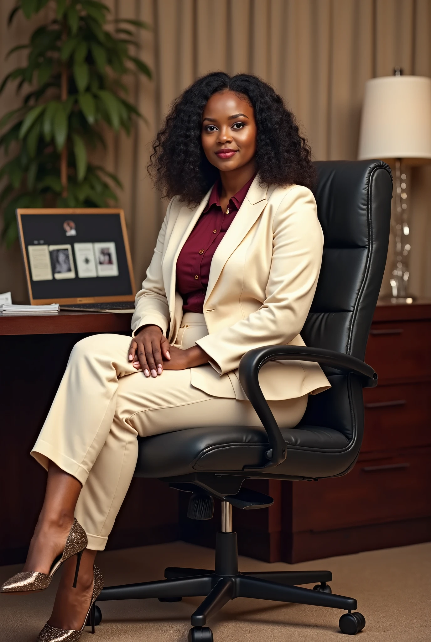 Woman sitting in a chair in a room with a desk and a lamp - SeaArt AI