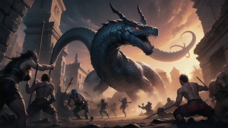 8 man fighting in front of a large snake with heads holding a stick ...