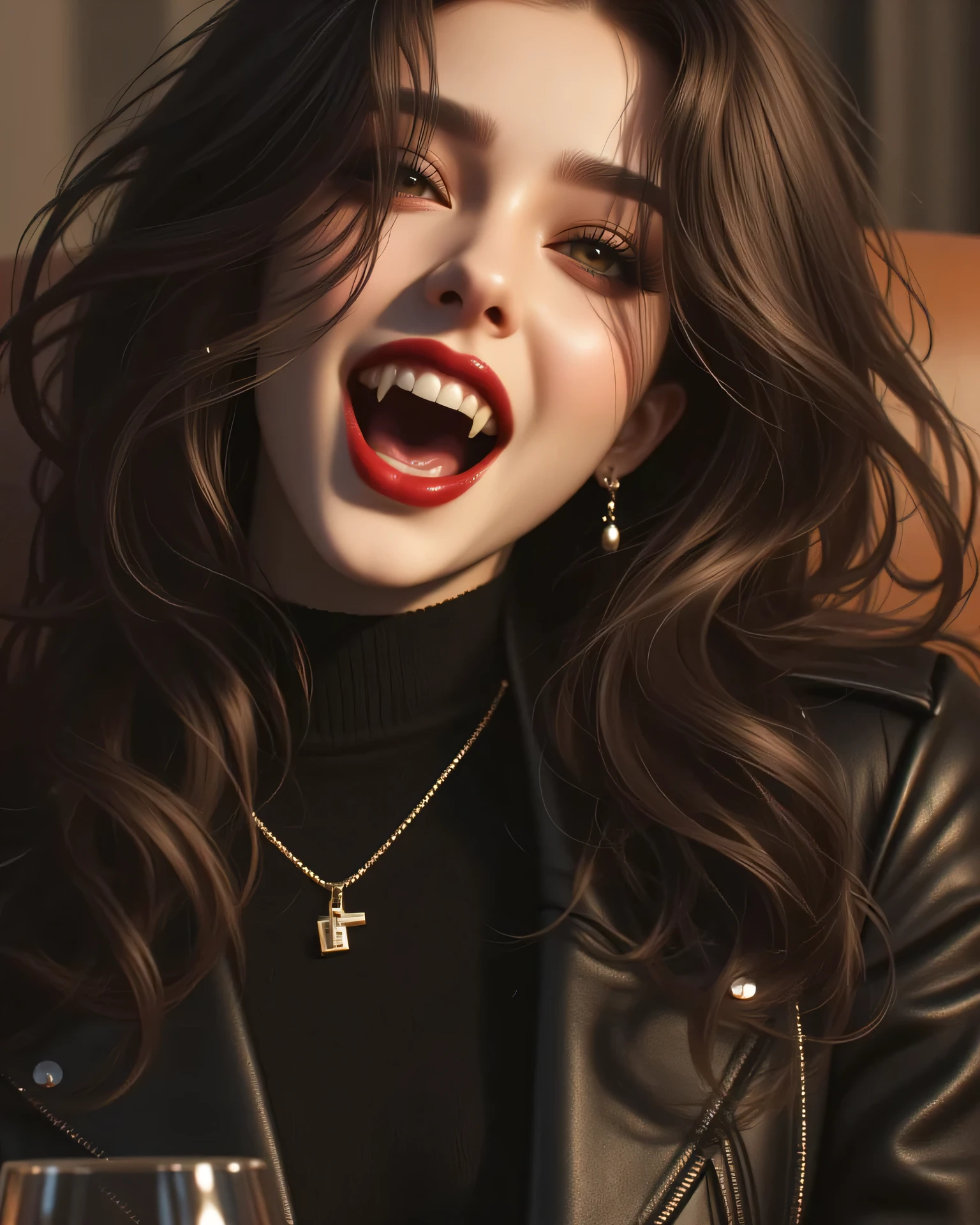 A close up of a woman with a red lipstick and a black jacket - SeaArt AI