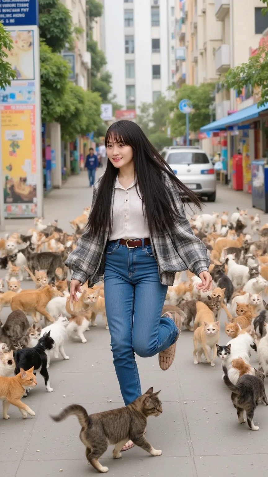 "An image of a woman being chased by a large swarm of cats in an urban ...