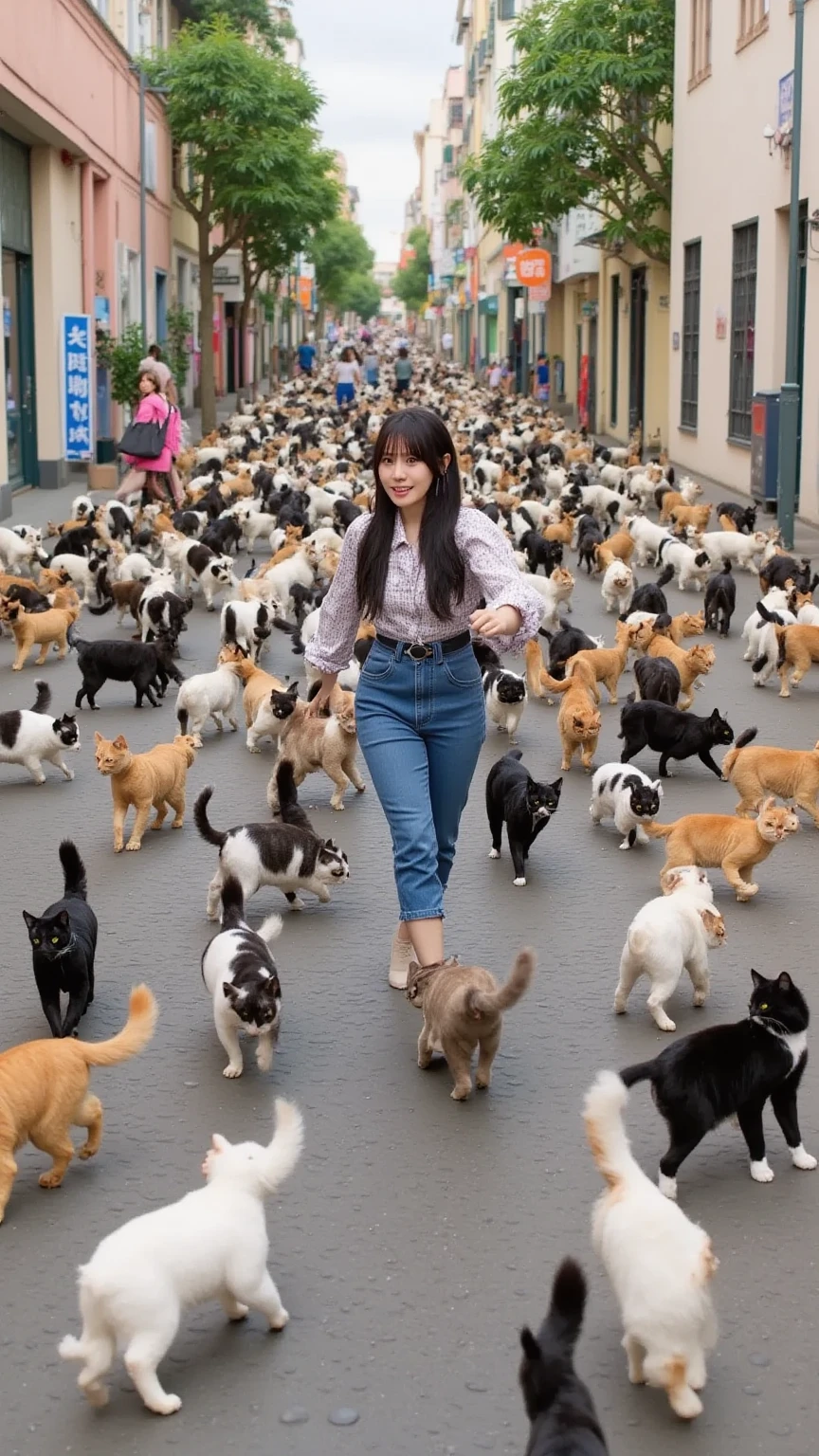 "An image of a woman being chased by a large swarm of cats in an urban ...