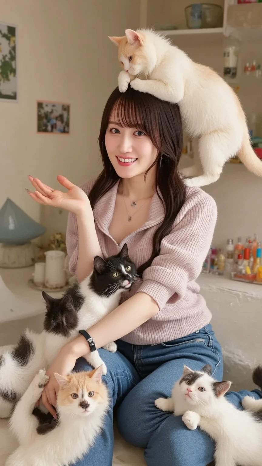 "An image of a woman surrounded by a large group of cute, fluffy cats ...