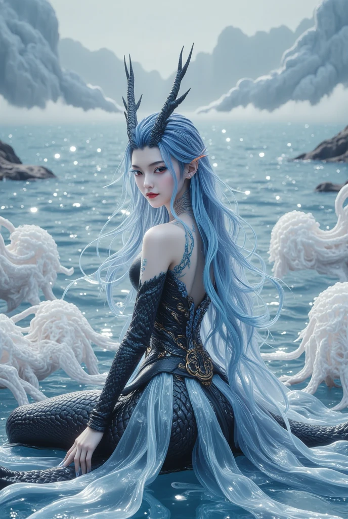 Yaoye， 1girl , ancient China， metallic luster， blue， black，Dragon Girl - SeaArt AI