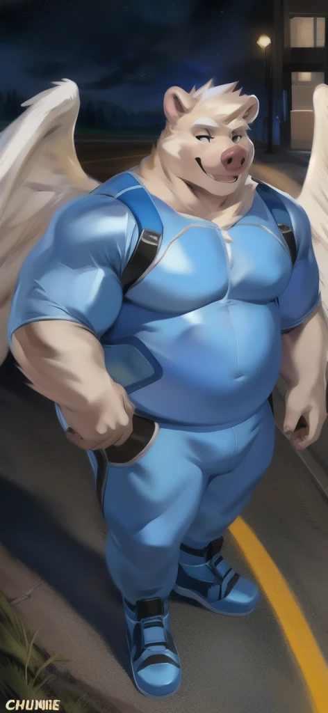 alone, Male tall , big body ,stand, road,pig bear - SeaArt AI