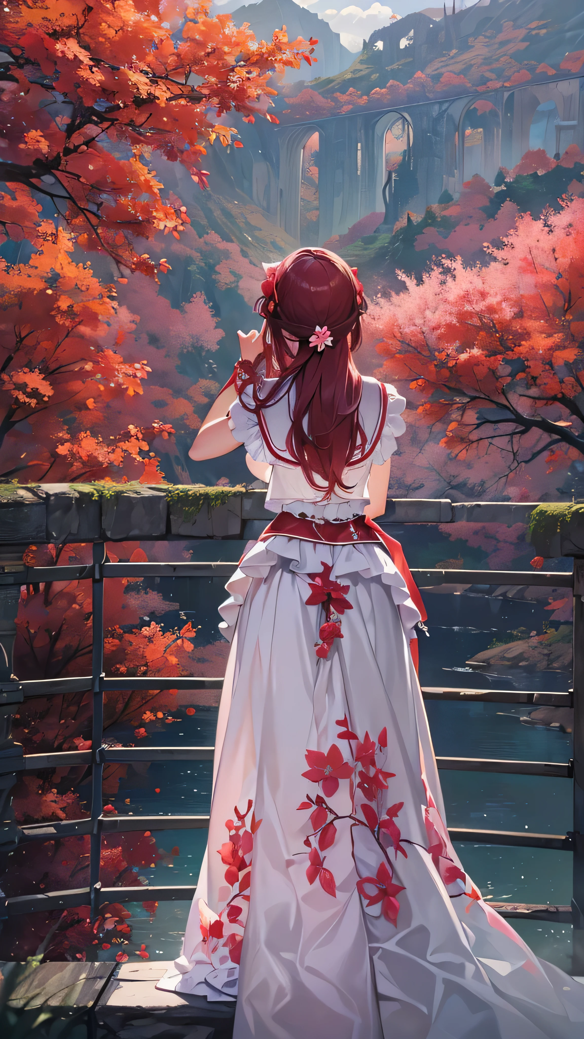 Anime girl in a white dress looking out over a river - SeaArt AI