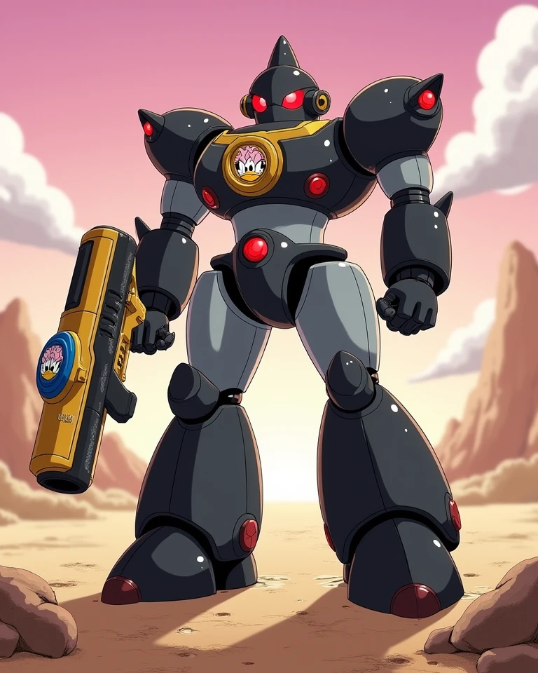 The character in the image is a robot with a sturdy and imposing ...