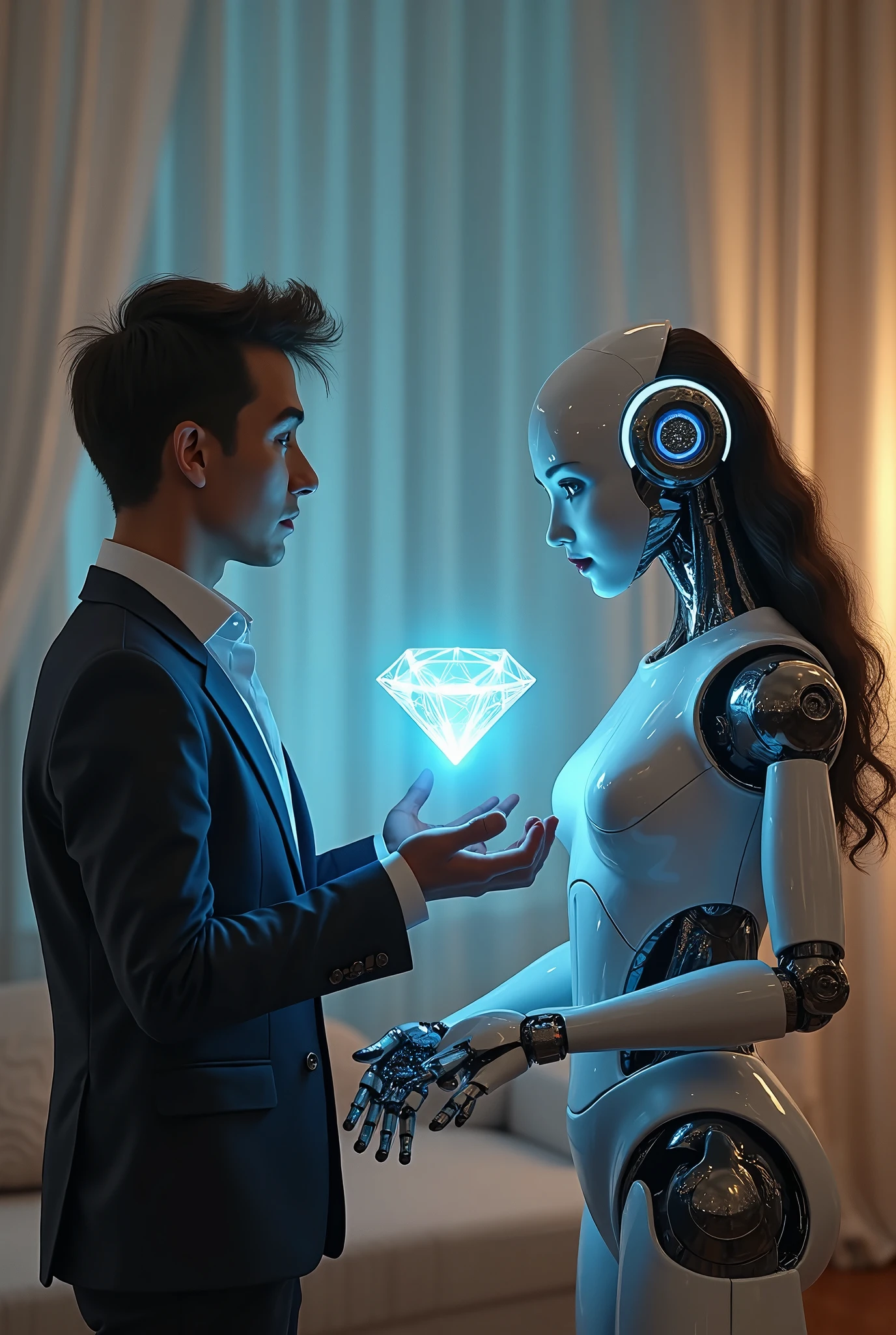 They are looking at each other and touching hands with a robot - SeaArt AI