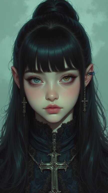 heterochromia, long hair, ponytail, split bangs , - SeaArt AI