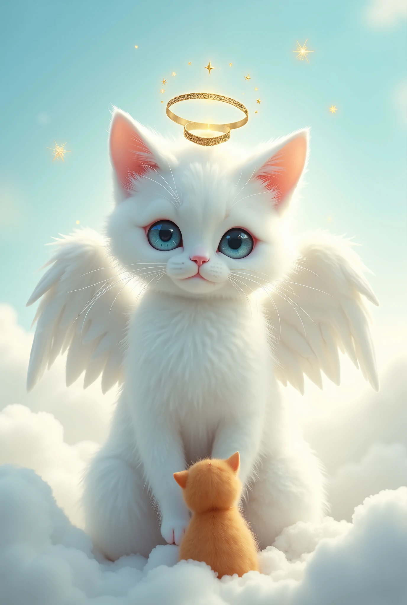 There is a white cat with angel wings and a kitten - SeaArt AI