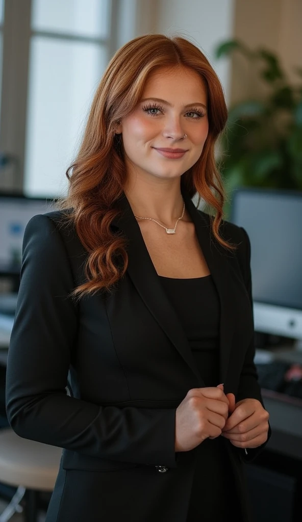 Close up portrait, tight professional dress, in the office, medium body ...