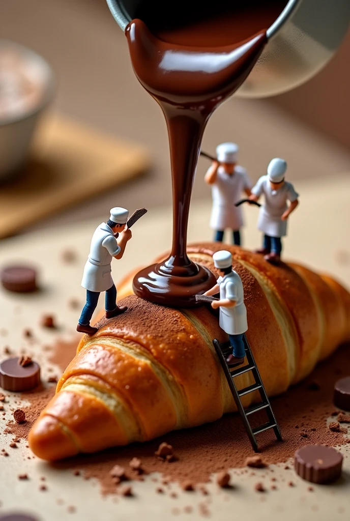 A group of tiny bakers decorating a freshly baked croissant with ...