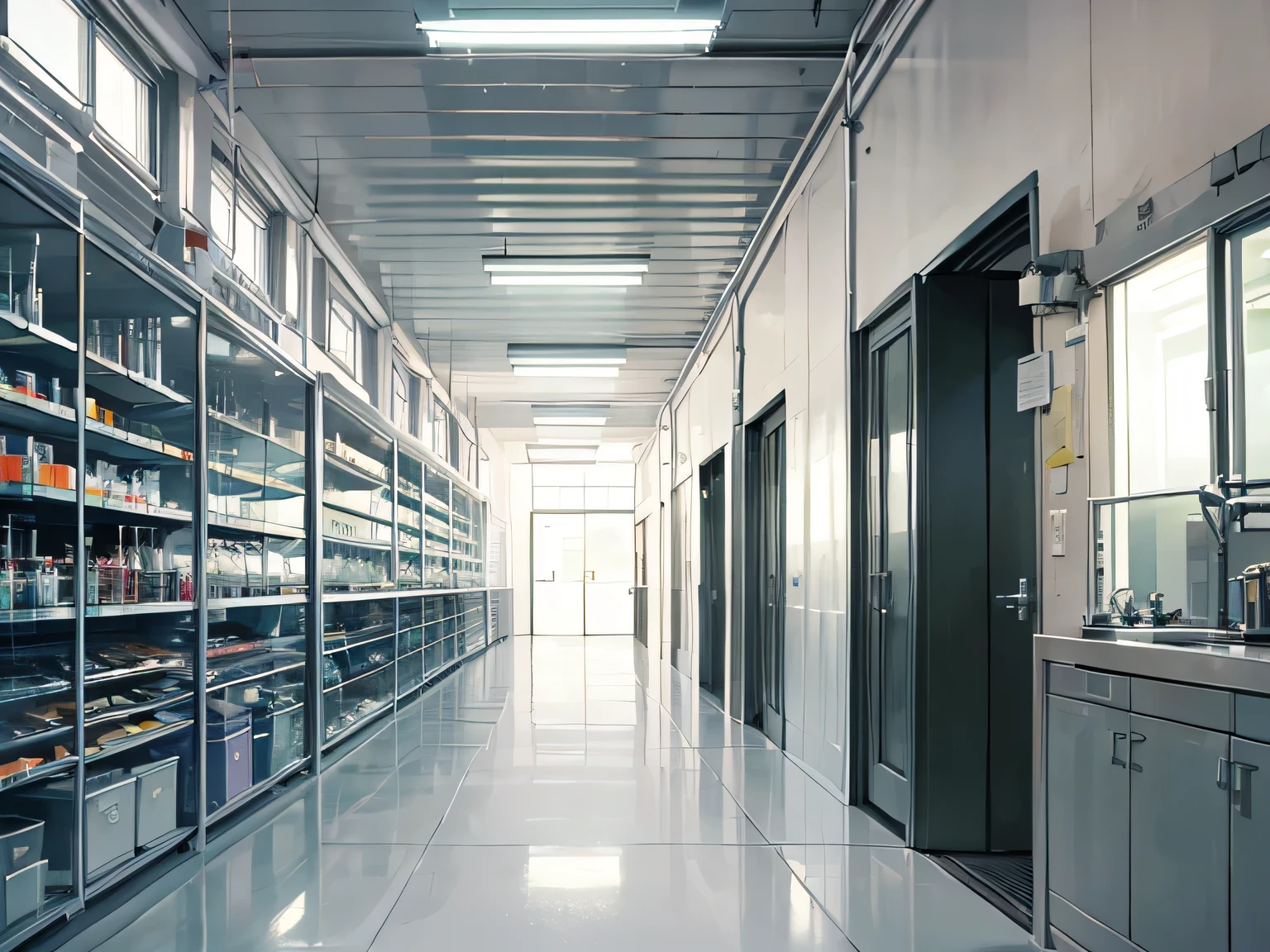 There is a long hallway with shelves and cabinets in it - SeaArt AI