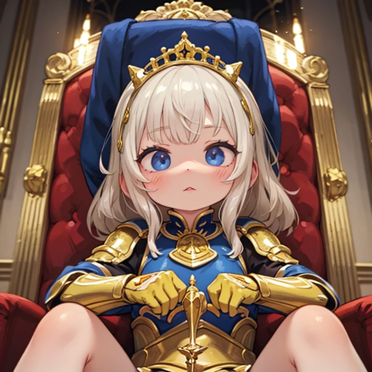 A young woman, wearing a golden armor in the throne room, full of knights - SeaArt AI