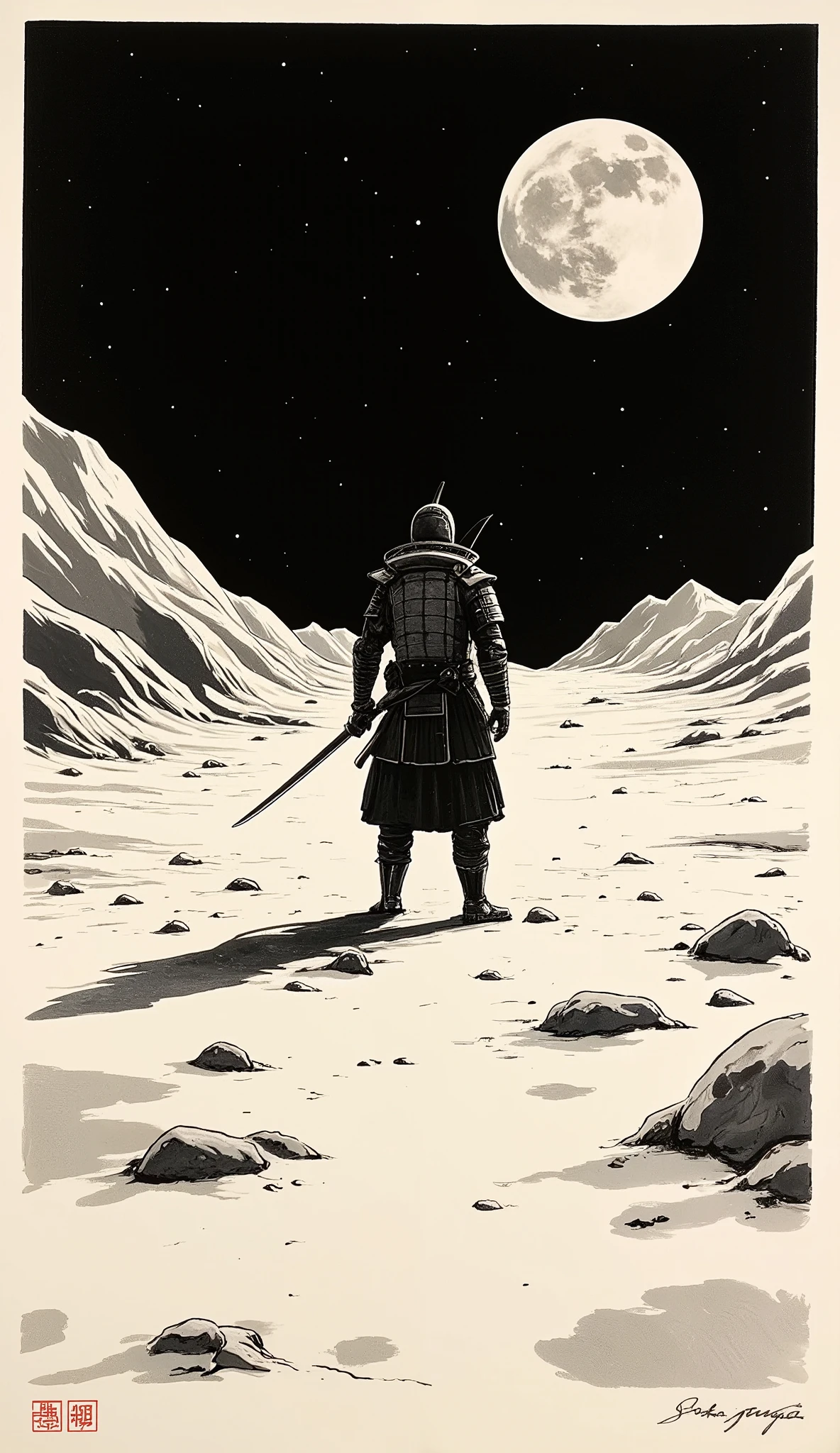 Ink painting、Distant view of the back of a samurai 、 Back view of a ...