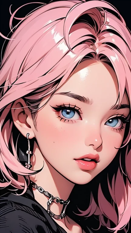 A close up of a person with pink hair and perforations, squinting eyes ...