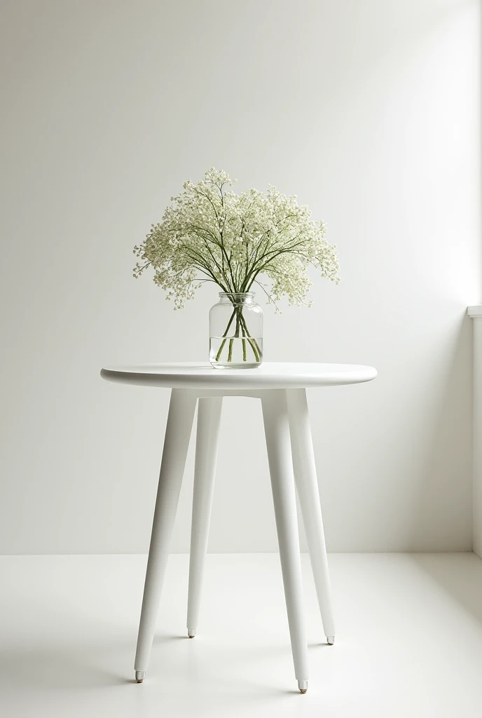 Sleek white round 4 legged table with flower vase on top with plant ...