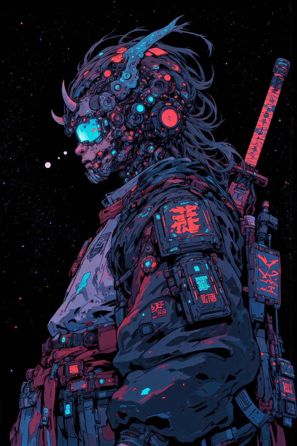 anime style illustration , sci-fi tech wear fused with a kimono - SeaArt AI