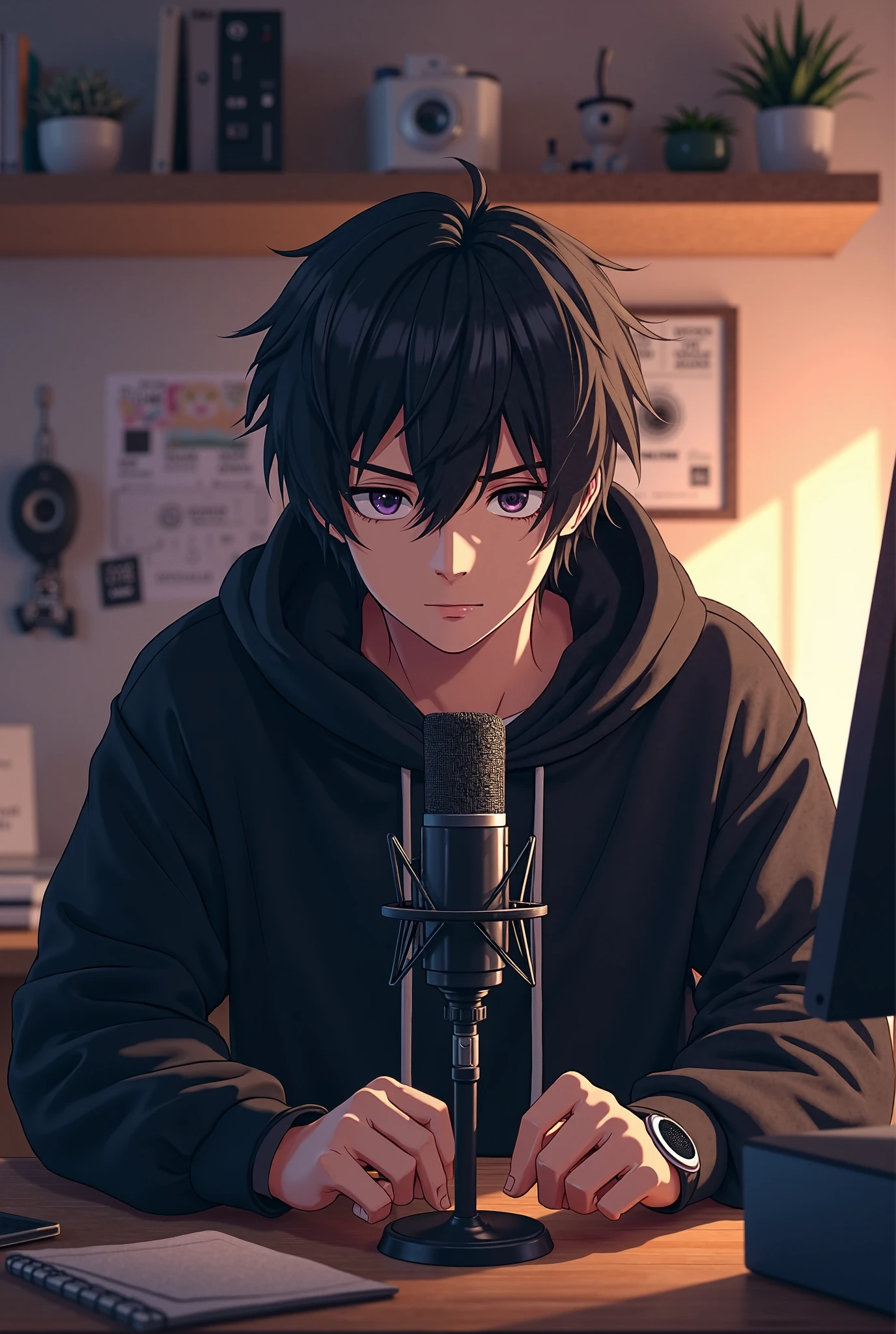 Anime boy sitting at a desk with a microphone and a computer - SeaArt AI