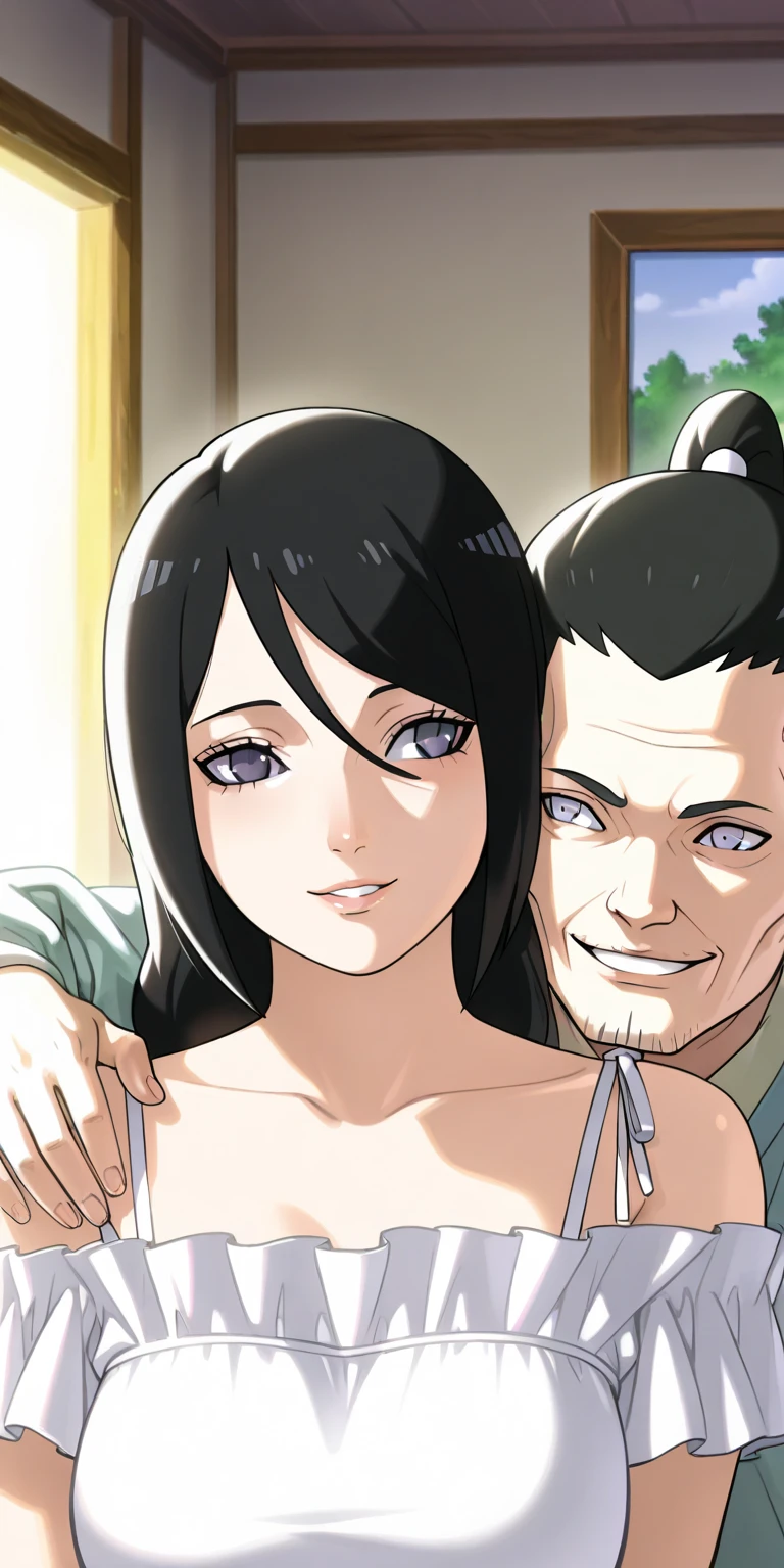 One panel view, old men, hold on shoulder from a left side, mature female - SeaArt AI