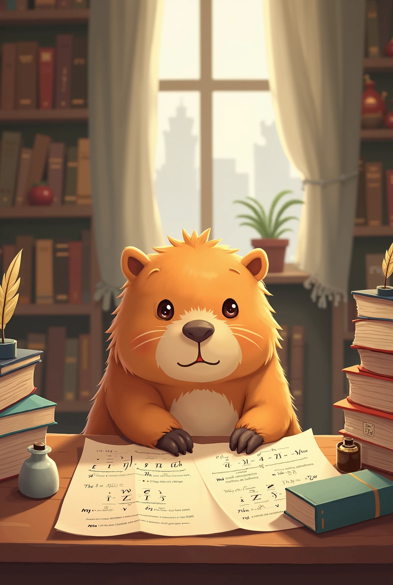 There is a cartoon bear sitting at a desk with a book - SeaArt AI