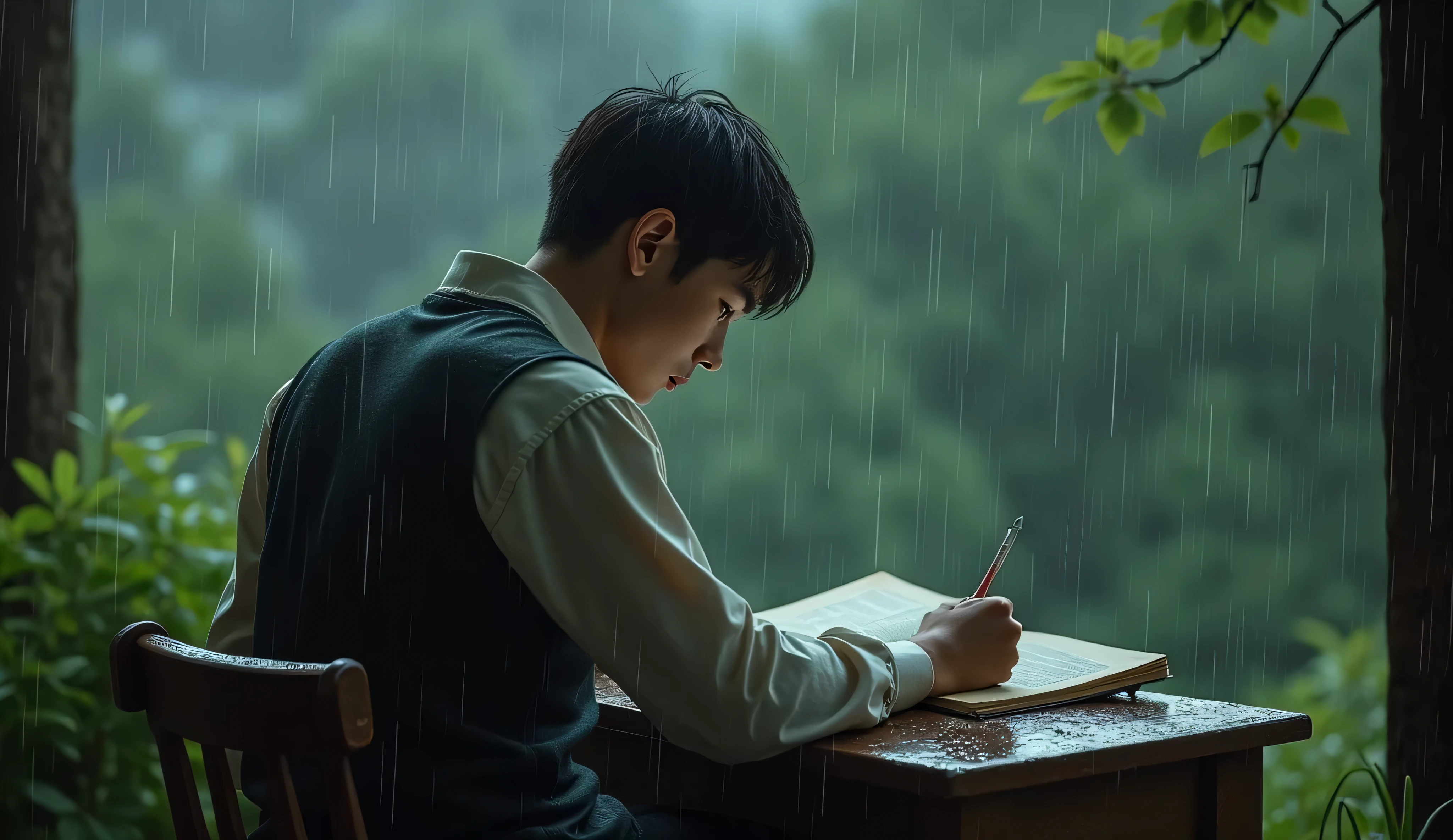 There is a man sitting at a table writing on a book - SeaArt AI