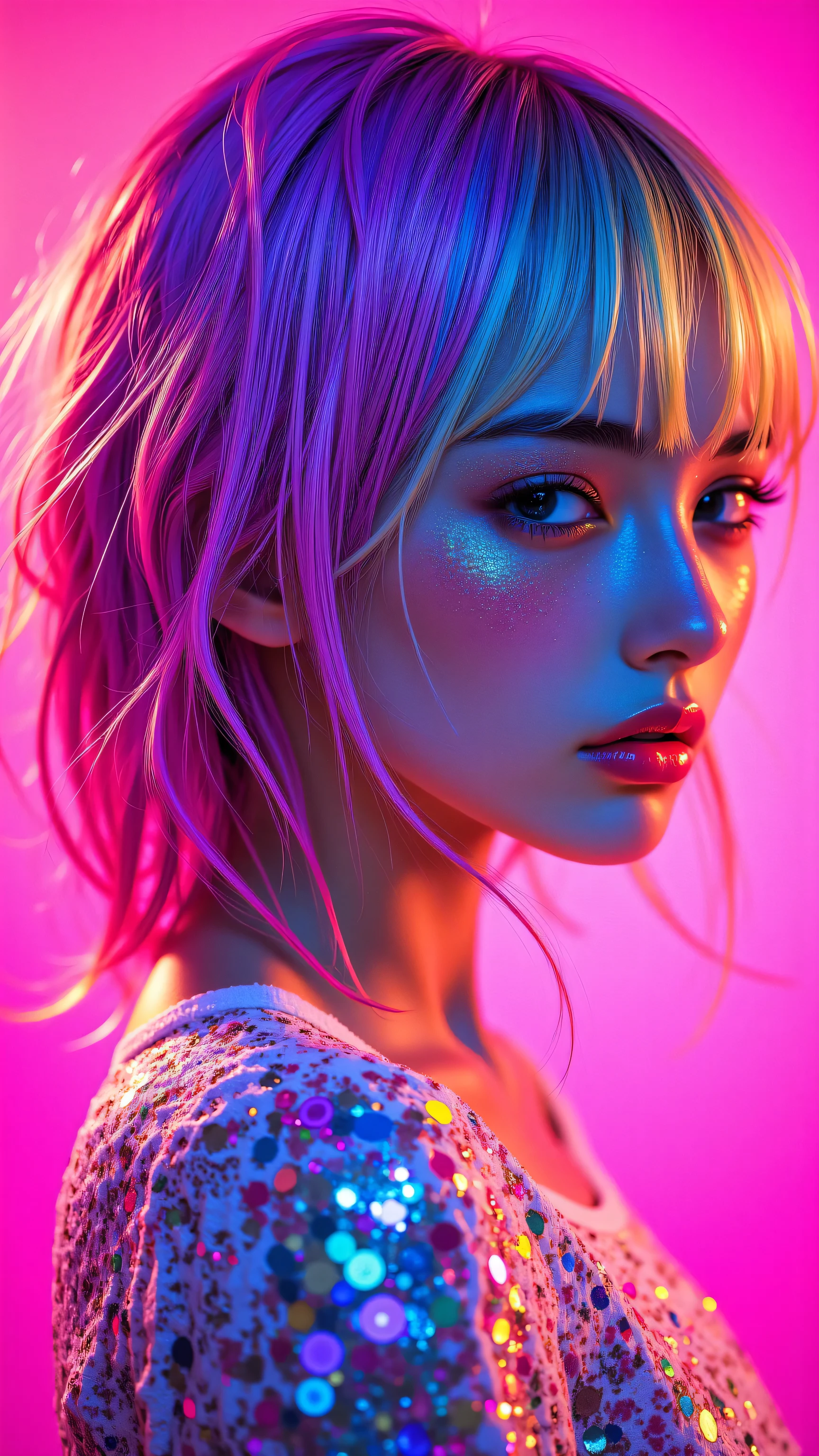 A close up of a woman with a pink background and a bright light - SeaArt AI
