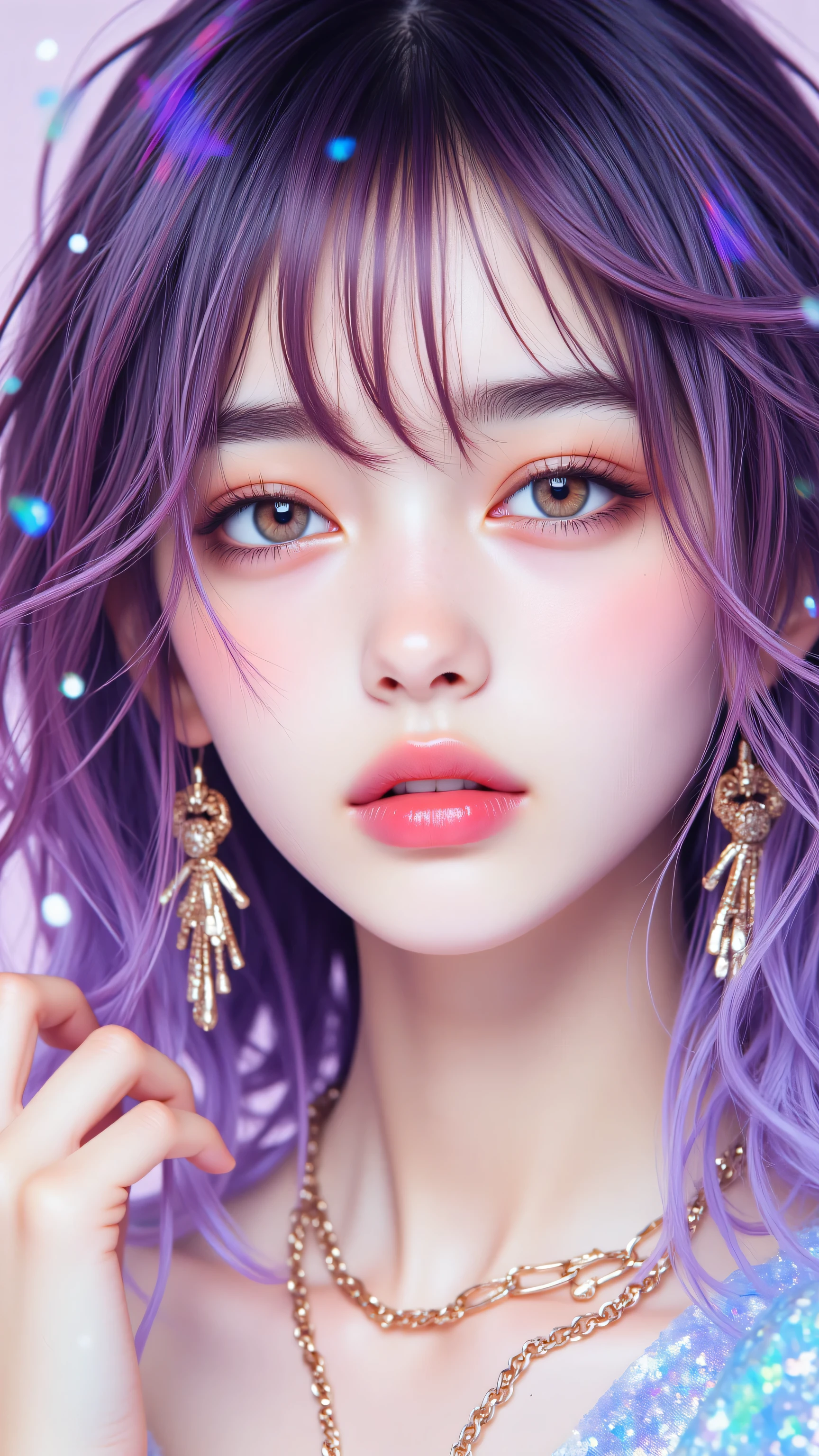 A close up of a woman with purple hair and a necklace - SeaArt AI