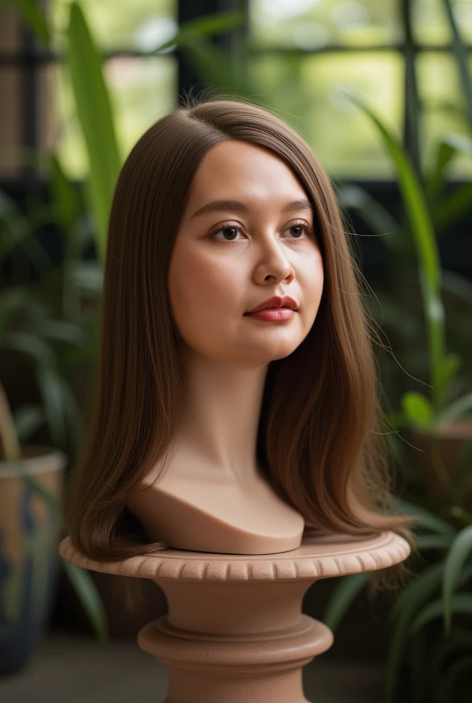 ((Disembodied head statue)), woman head on a pedestal, wearing makeup ...