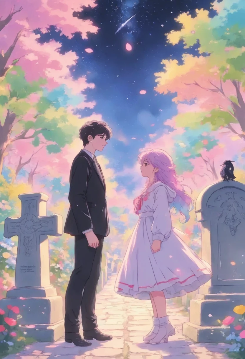 " colored ink splash art style of a crow in a graveyard. Perched on a ...