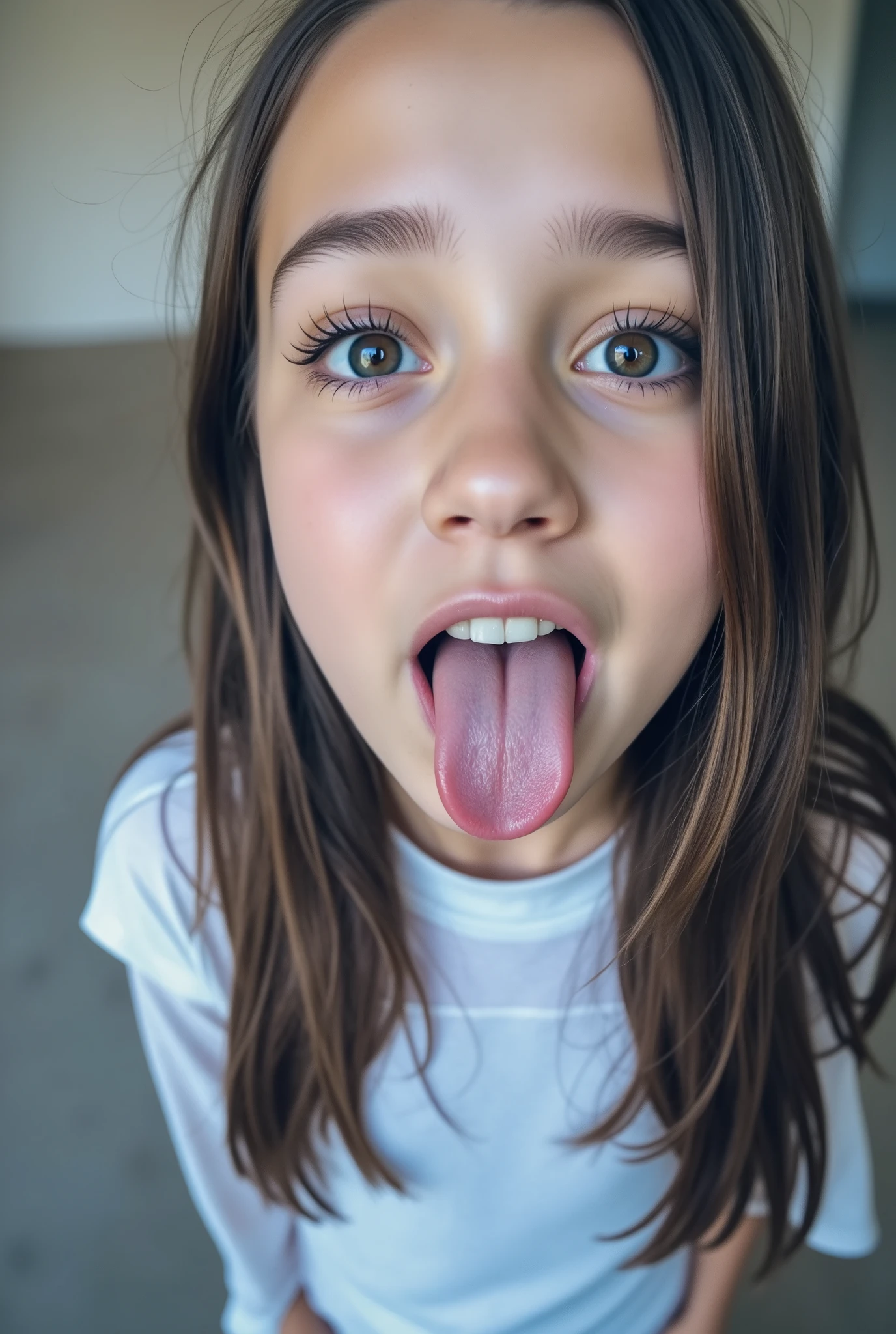 Arafed girl with long hair sticking out her tongue - SeaArt AI