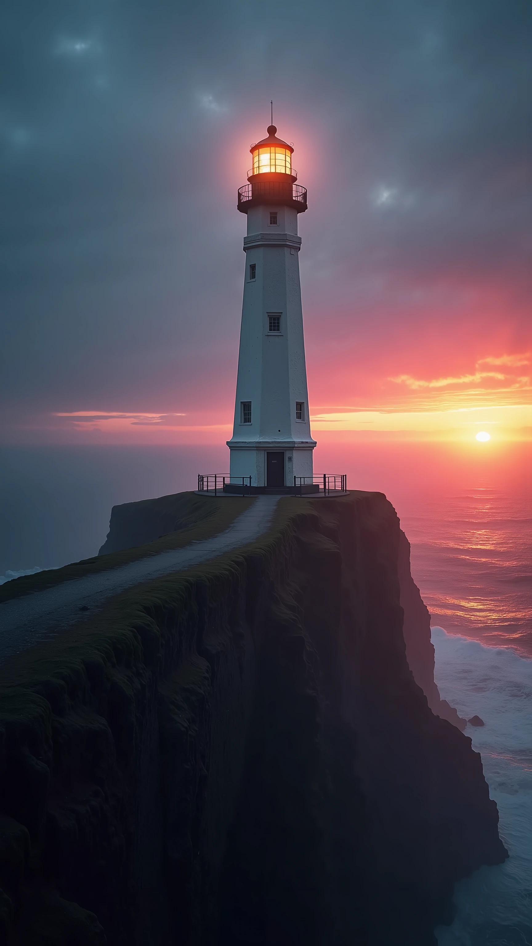 Arafed lighthouse on a cliff with a sunset in the background - SeaArt AI