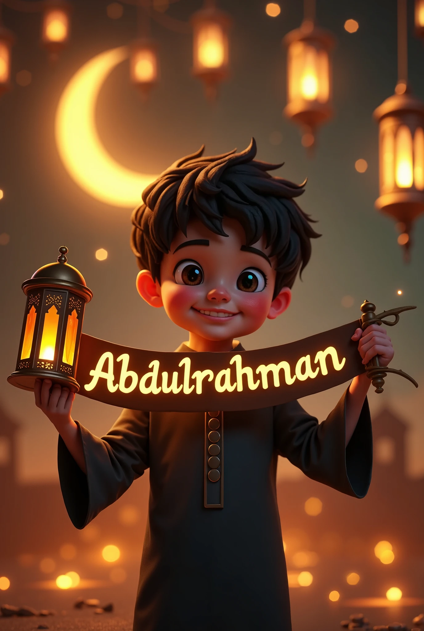 Cartoon boy holding a lantern and a sign that says albudranman - SeaArt AI
