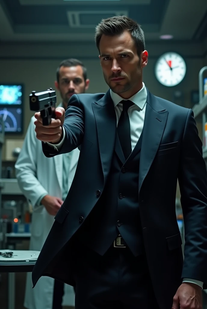 Handsome secret agent dressed in a suit and tie taking out his gun ...