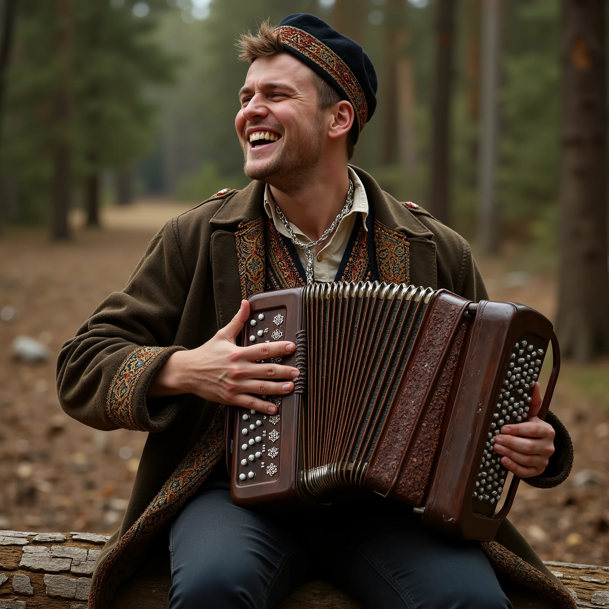 Arafed man sitting on a log playing an accordion in the woods - SeaArt AI