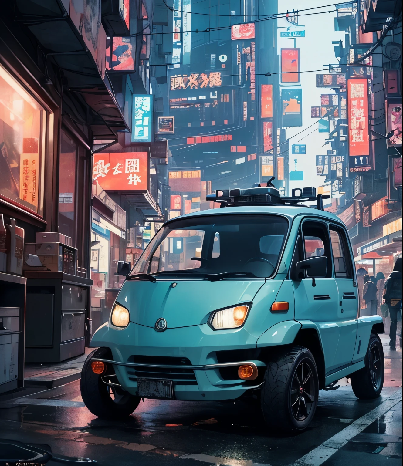 There is a small car that is parked on the street - SeaArt AI