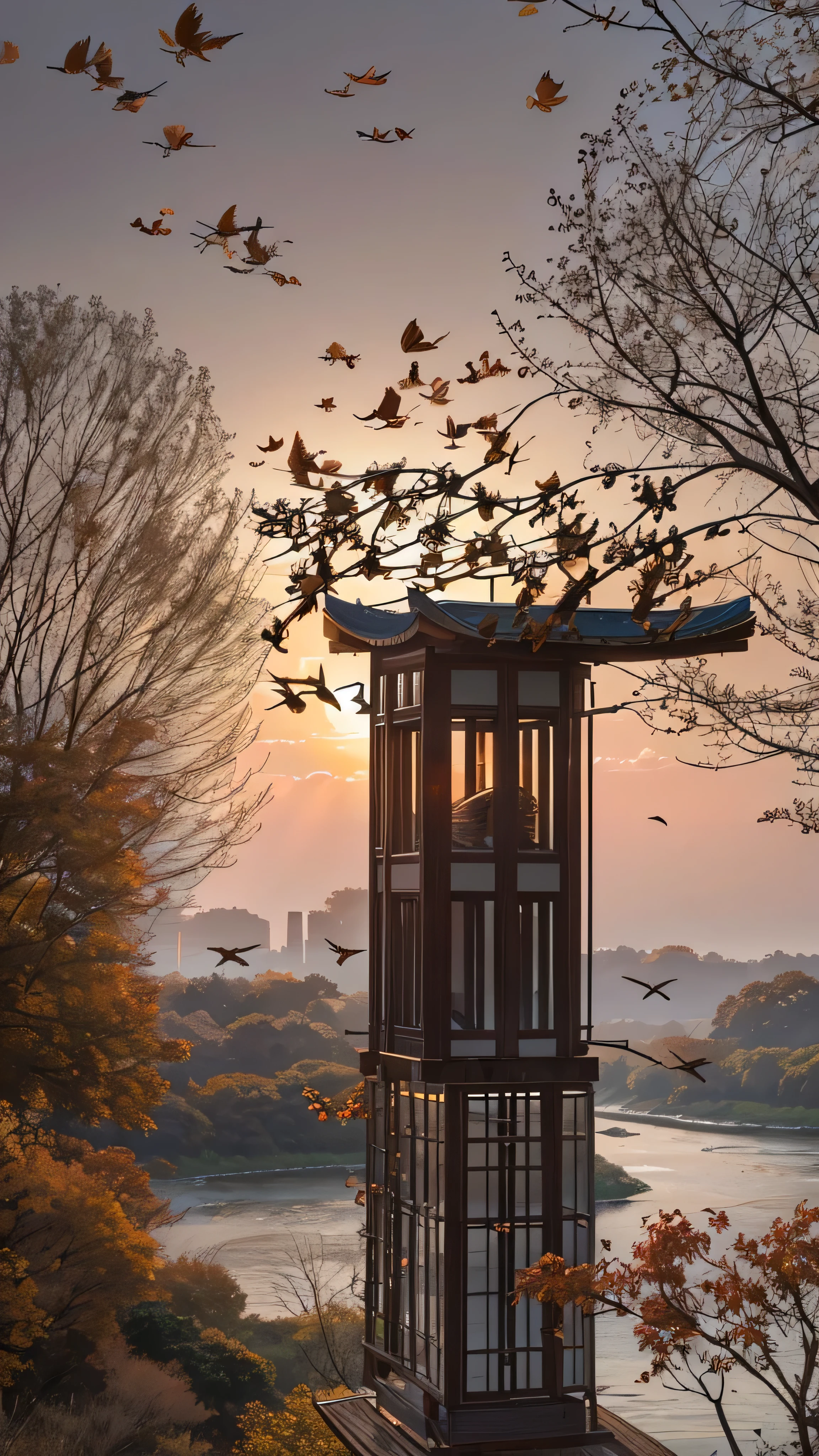 There are many birds flying around a tower in the sky - SeaArt AI