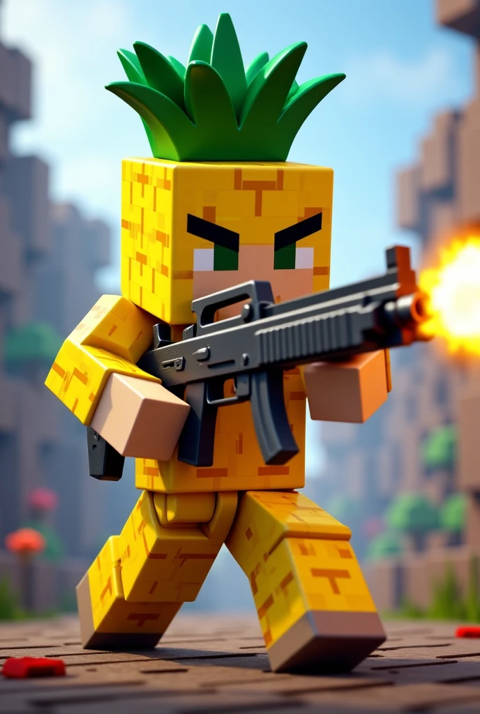 Generate a Minecraft player with pineapple skin with a gun shooting at ...