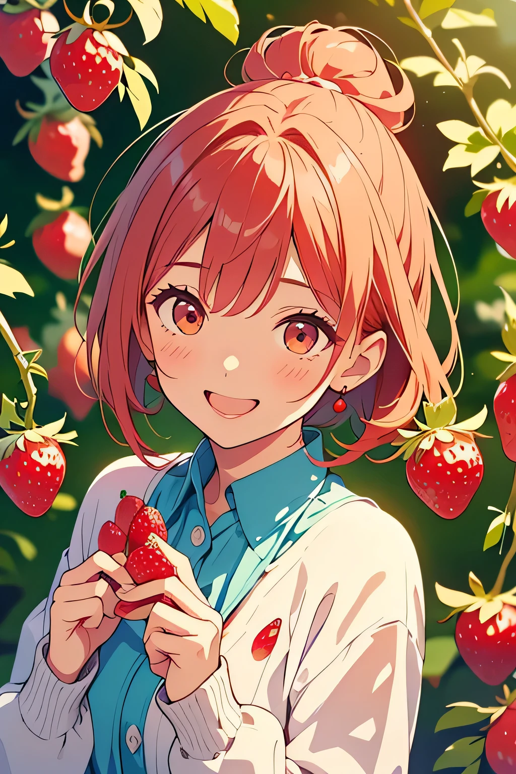 Anime girl holding a strawberry in front of a bush of strawberries ...