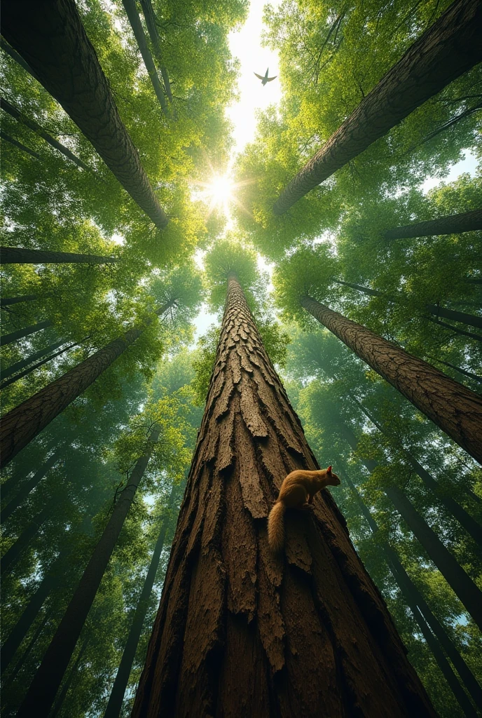 A bird’s-eye view looking down from the top of a redwood tree - SeaArt AI