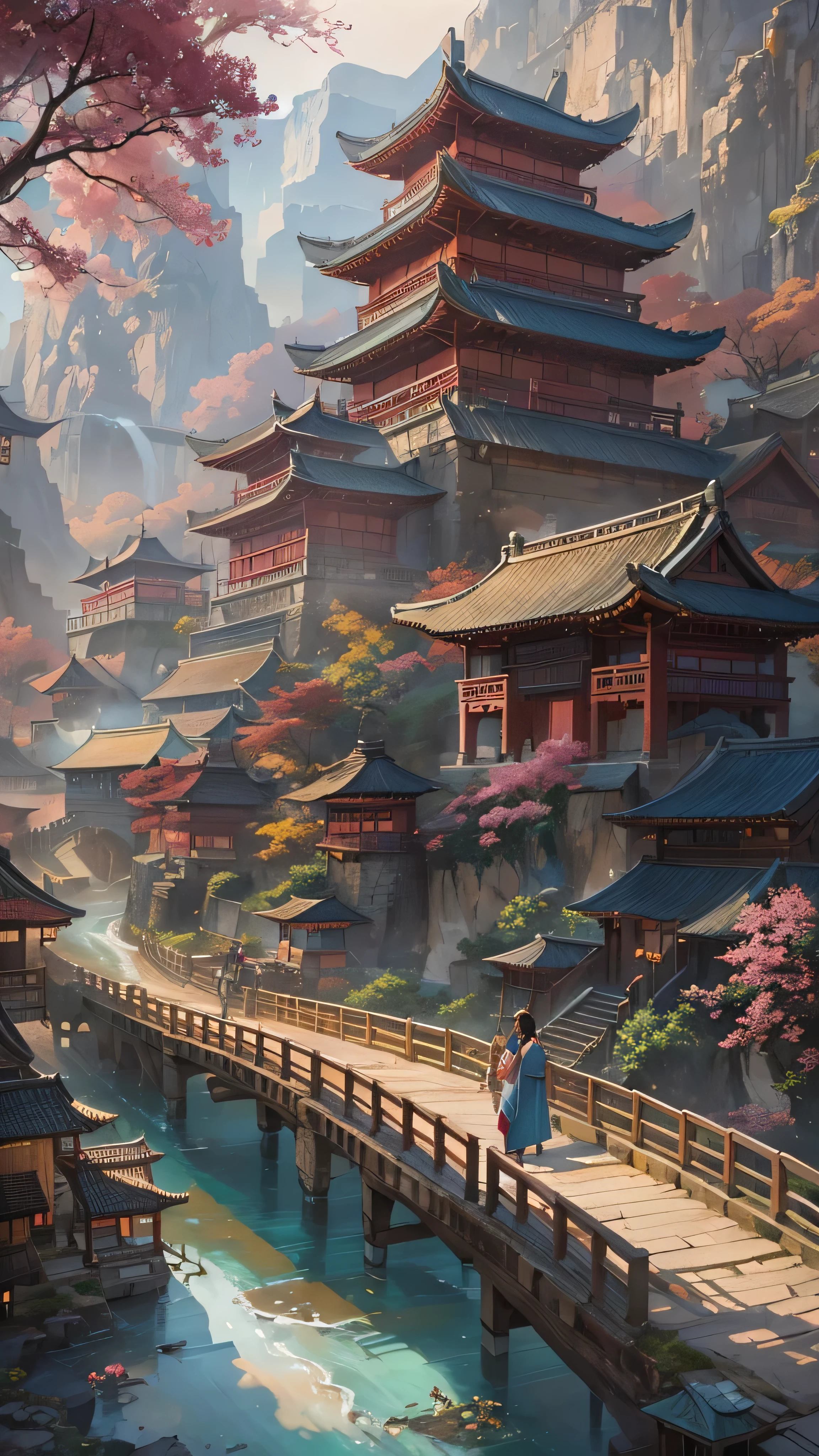 Painting of a woman walking across a bridge over a river - SeaArt AI