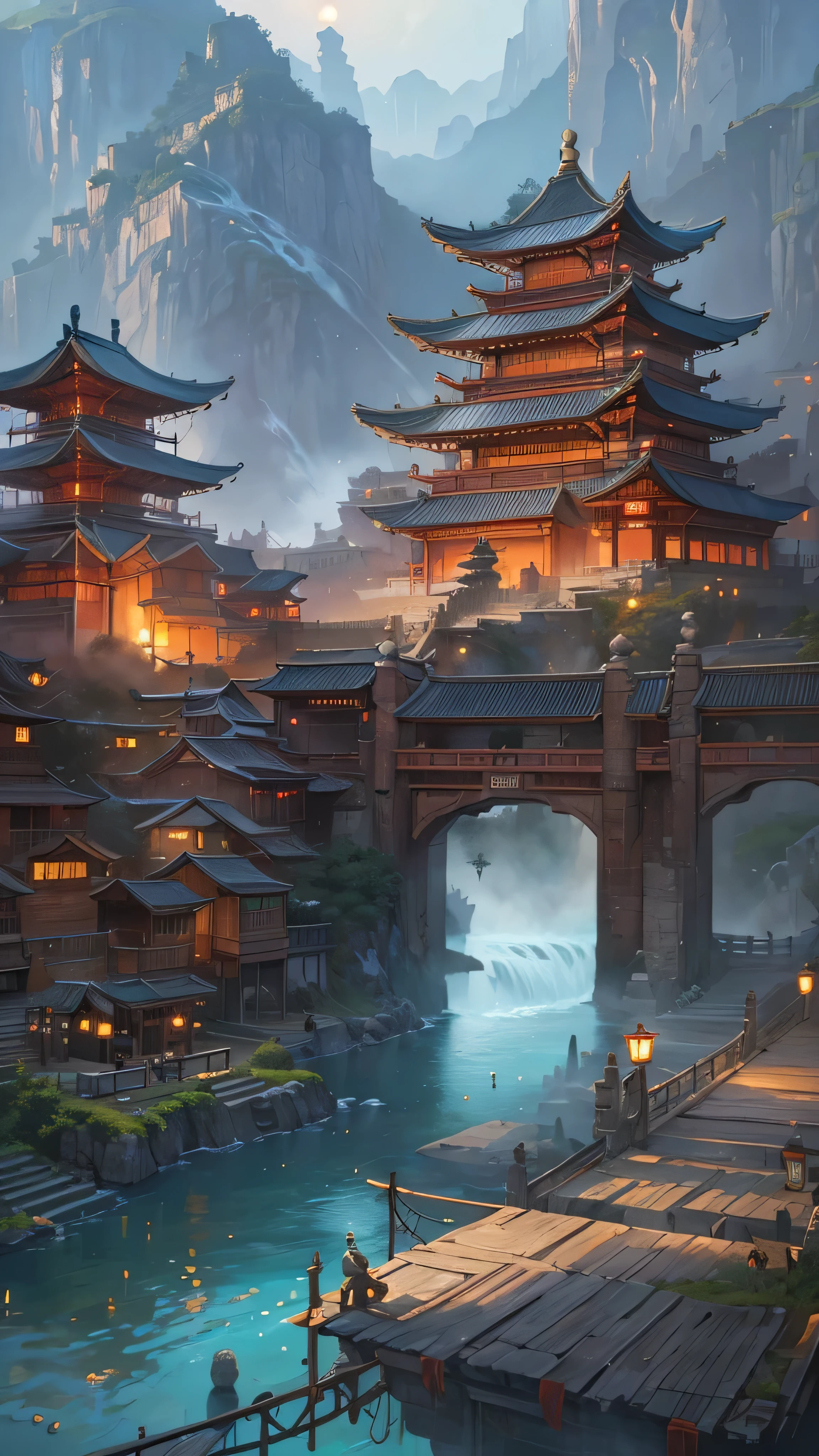 Asian architecture with a waterfall and a bridge in the background ...