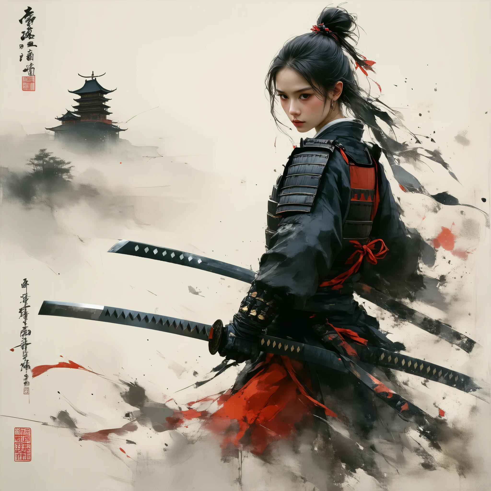 There is a woman in a samurai outfit holding two swords - SeaArt AI