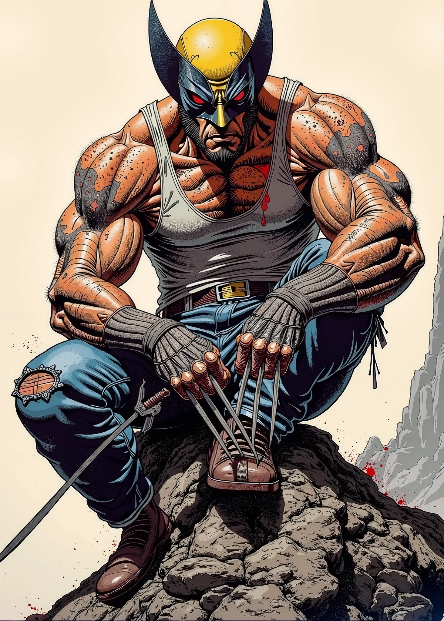 Wolverine sitting on a rock with a knife in his hand - SeaArt AI