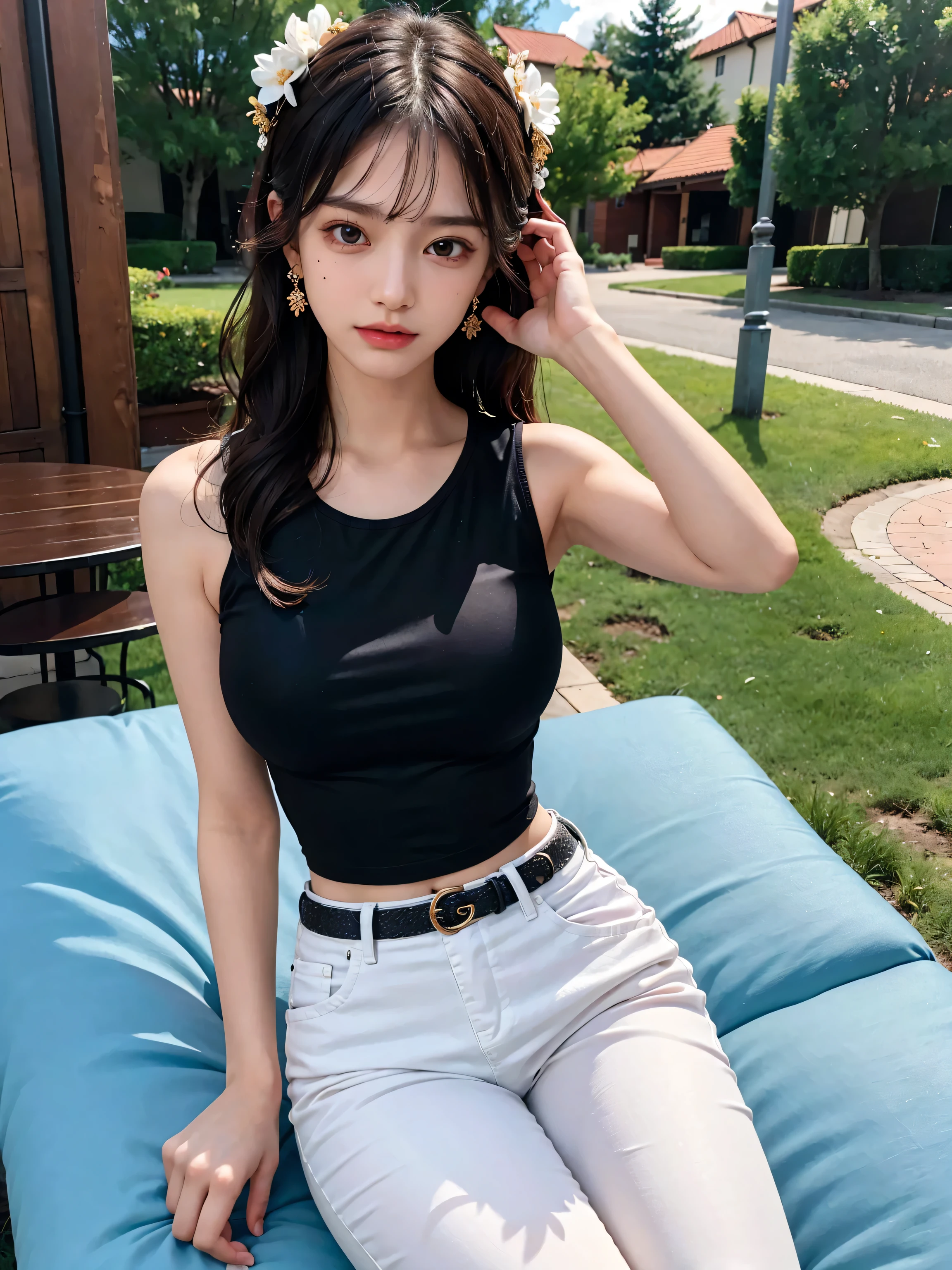 Araffed asian woman sitting on a blue cushion in a park - SeaArt AI