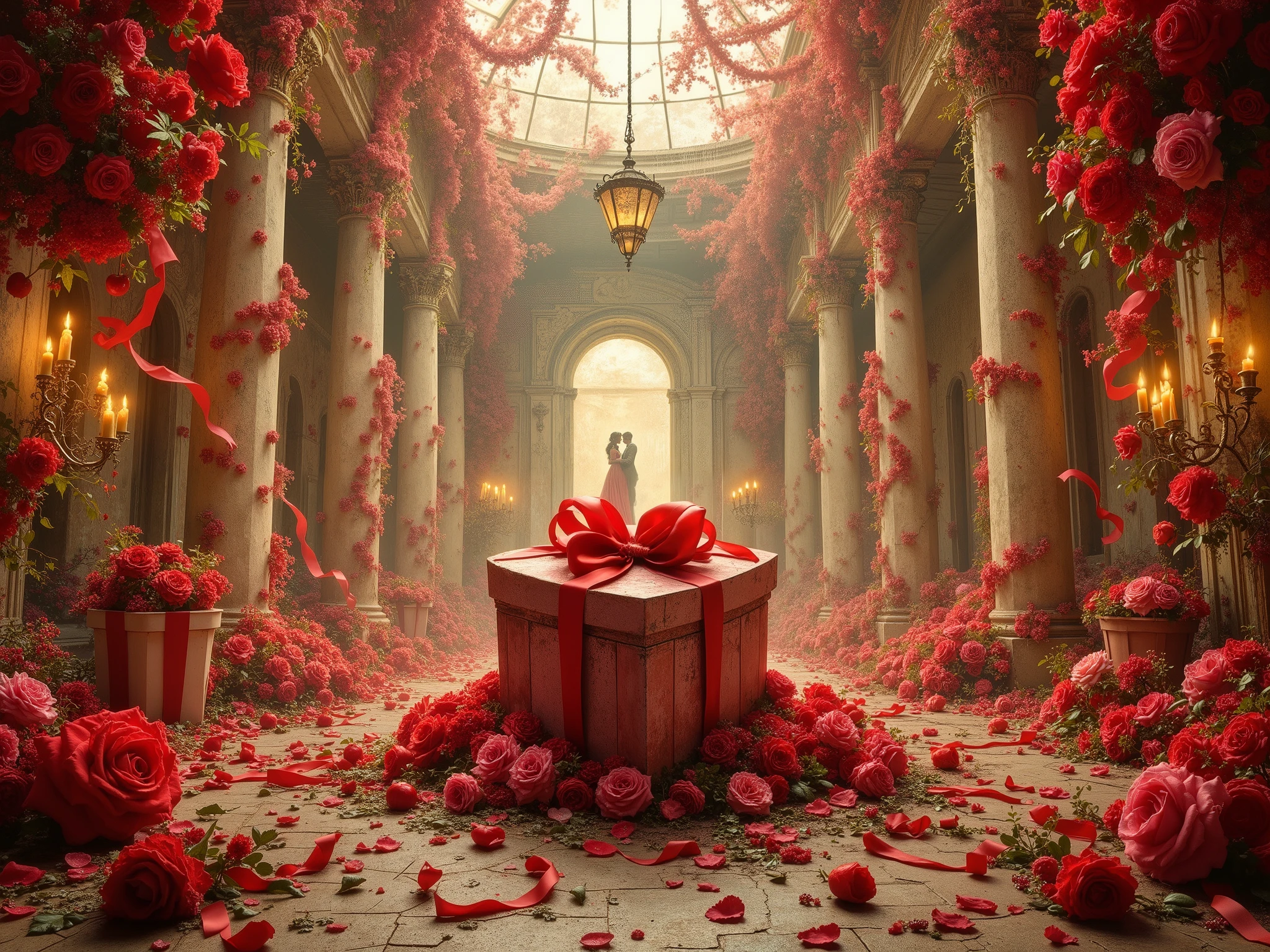 There is a large red box with a bow on it in a room with roses - SeaArt AI